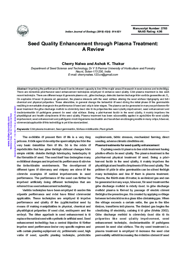 (PDF) Seed Quality Enhancement through Plasma Treatment: A Review