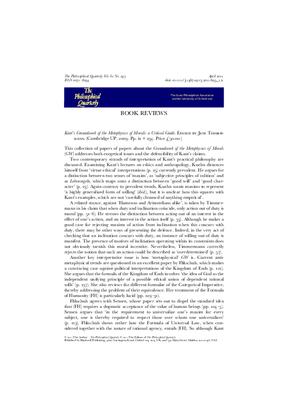 (PDF) Kant's Groundwork of the Metaphysics of Morals: a Critical Guide ...
