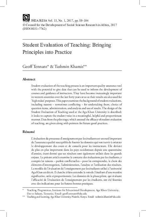(PDF) Student Evaluation of Teaching: Bringing Principles into Practice