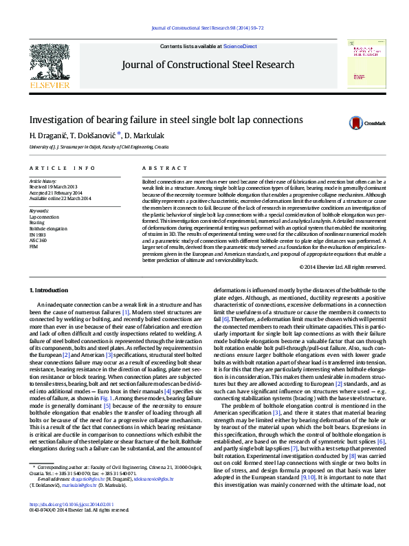 (PDF) Investigation of bearing failure in steel single bolt lap connections
