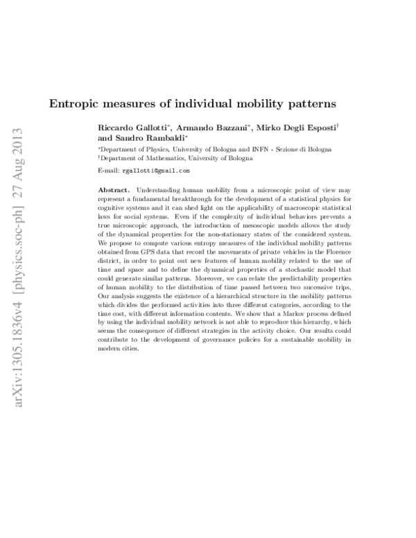 (PDF) Entropic measures of individual mobility patterns