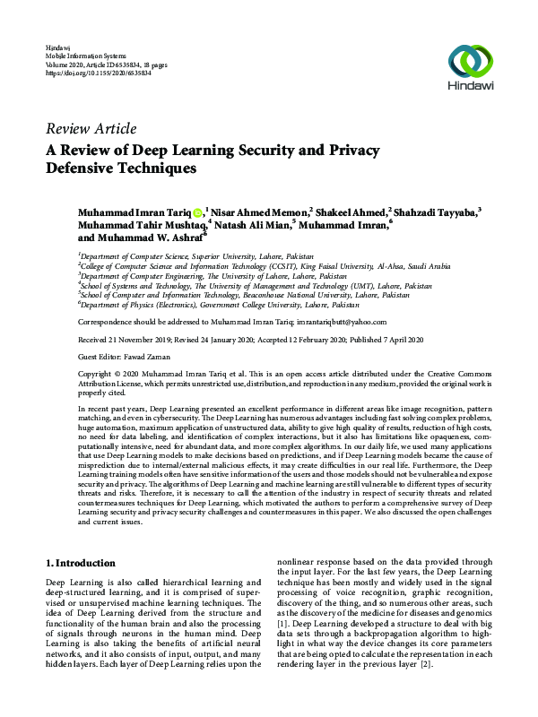 (PDF) A Review of Deep Learning Security and Privacy Defensive Techniques