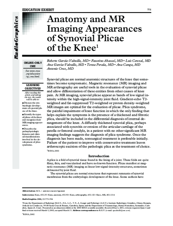 (PDF) Anatomy and MR Imaging Appearances of Synovial Plicae of the Knee