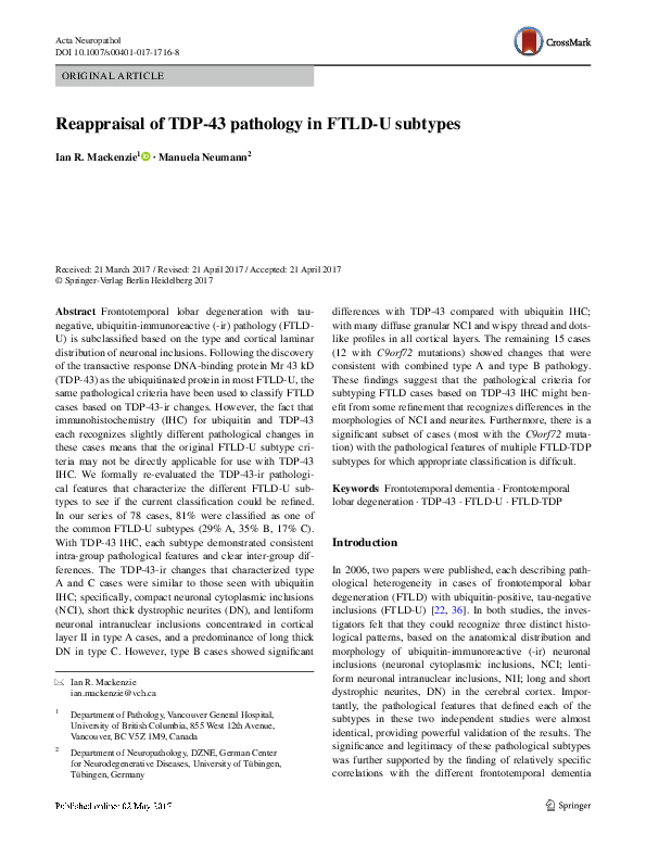 (PDF) Reappraisal of TDP-43 pathology in FTLD-U subtypes