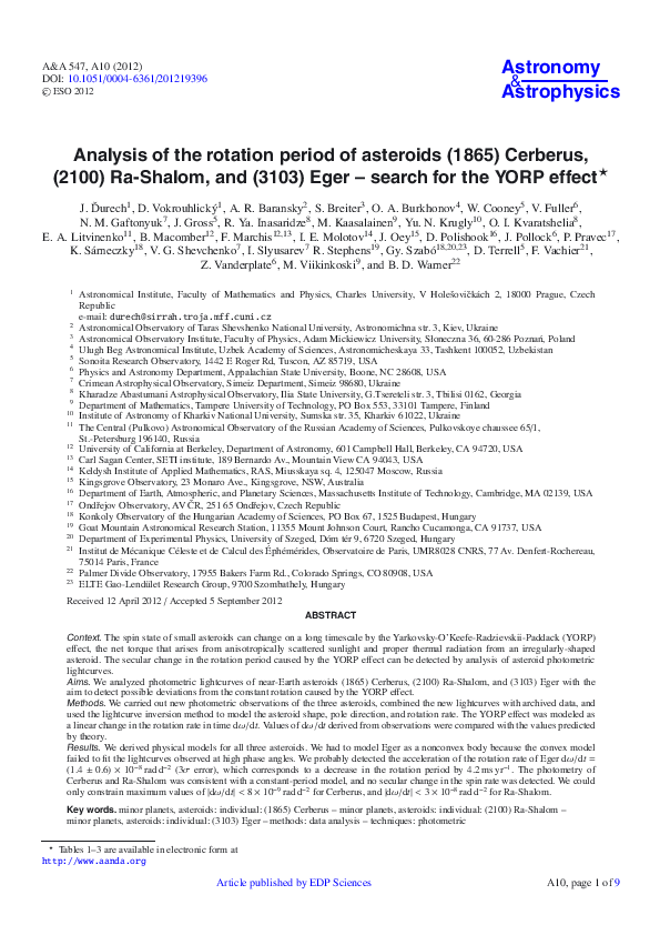 (PDF) Analysis of the rotation period of asteroids (1865) Cerberus, (2100) Ra-Shalom, and (3103 ...