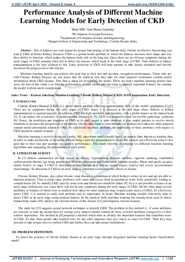 (PDF) Performance Analysis of Different Machine Learning Models for Early Detection of CKD