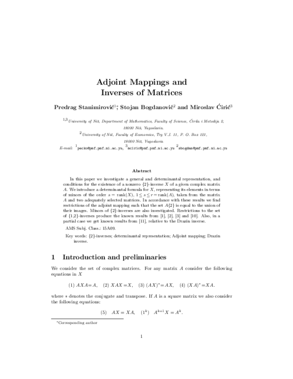 (PDF) Adjoint Mappings and Inverses of Matrices