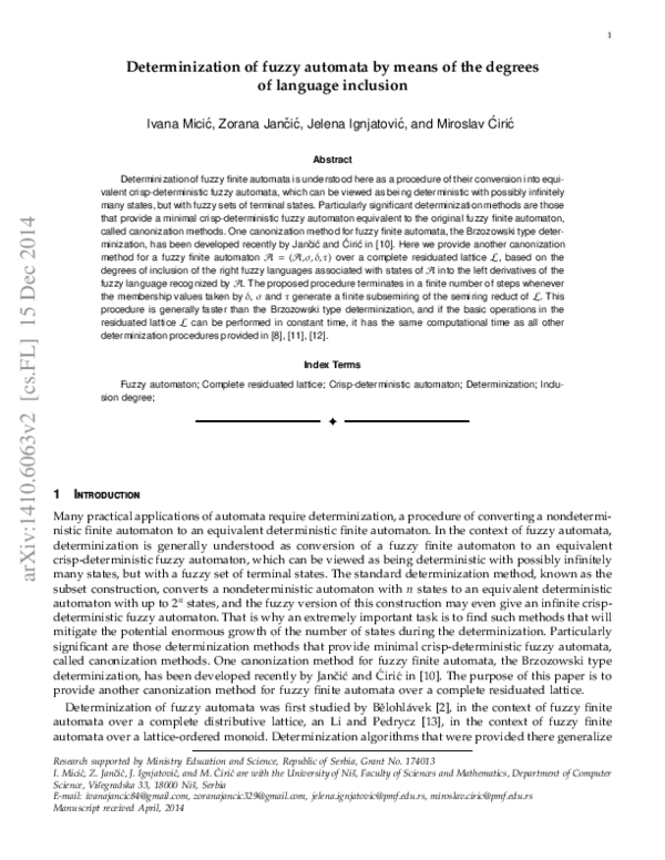 Pdf Determinization Of Fuzzy Automata By Means Of The Degrees Of Language Inclusion Miroslav