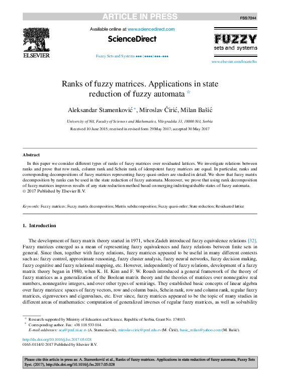 Pdf Ranks Of Fuzzy Matrices Applications In State Reduction Of Fuzzy Automata