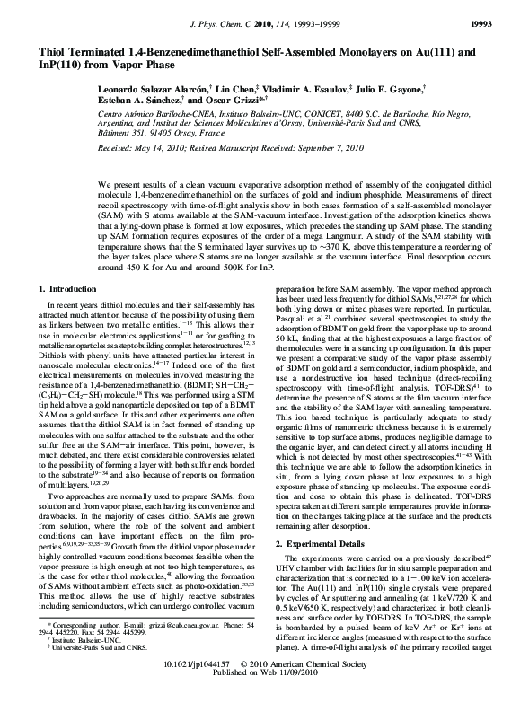 (PDF) Thiol Terminated 1,4-Benzenedimethanethiol Self-Assembled ...