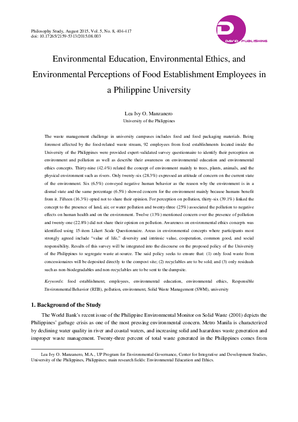 (PDF) Environmental Education, Environmental Ethics, and Environmental Perceptions of Food ...