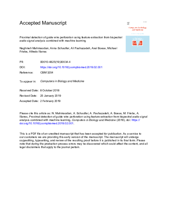 Pdf Proximal Detection Of Guide Wire Perforation Using Feature Extraction From Bispectral