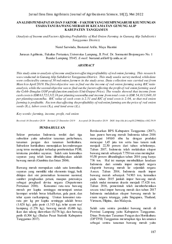 (PDF) Analisis Pendapatan Dan Faktor – Faktor Yang Mempengaruhi Keuntungan Usahatani Bawang ...