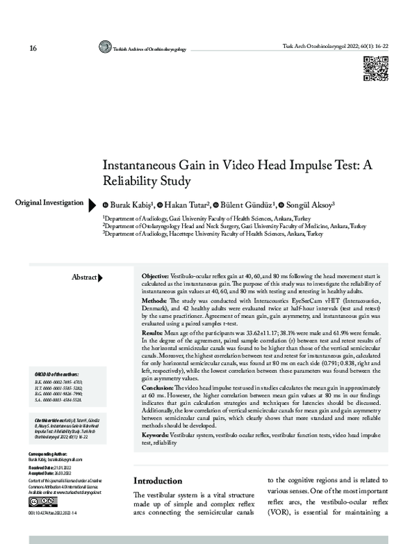 (PDF) Reliability of Instantaneous Gain in vHIT