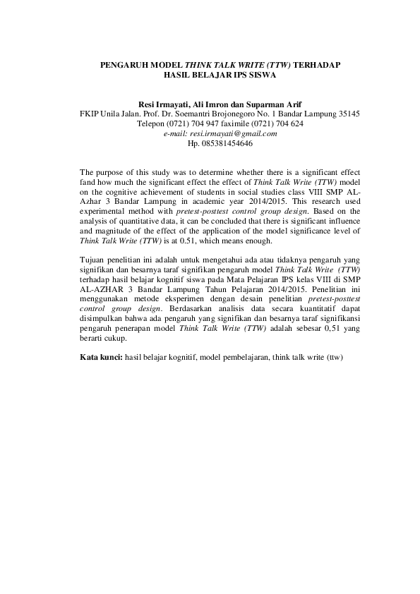 Pdf Pengaruh Model Think Talk Write Ttw Terhadap Hasil Belajar Ips Siswa