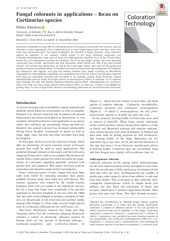 (PDF) Fungal colorants in applications – focus on Cortinarius species