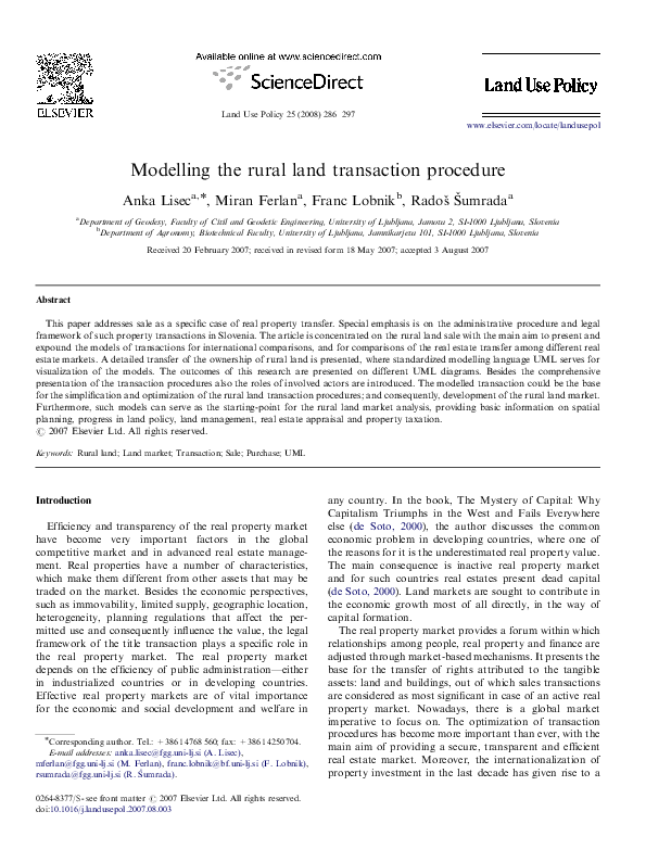 (PDF) Modelling the rural land transaction procedure | Franc Lobnik ...