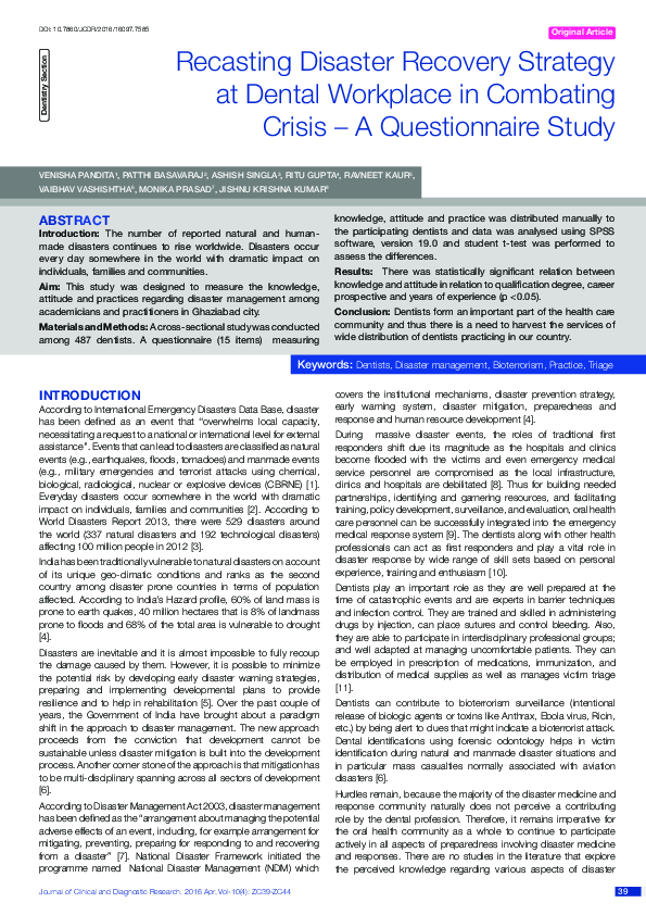 (PDF) Recasting Disaster Recovery Strategy at Dental Workplace in ...