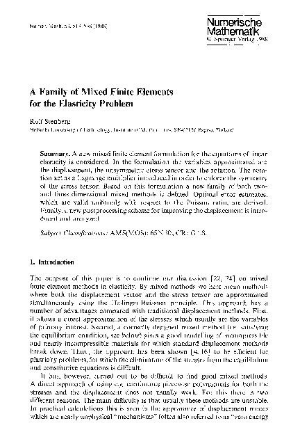 (PDF) A family of mixed finite elements for the elasticity problem | Rolf Stenberg - Academia.edu