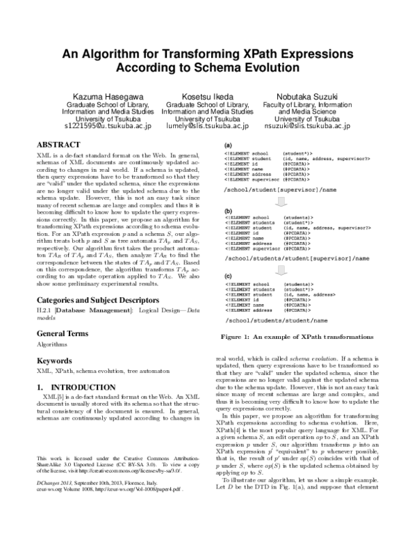 (PDF) An Algorithm for Transforming XPath Expressions According to Schema Evolution
