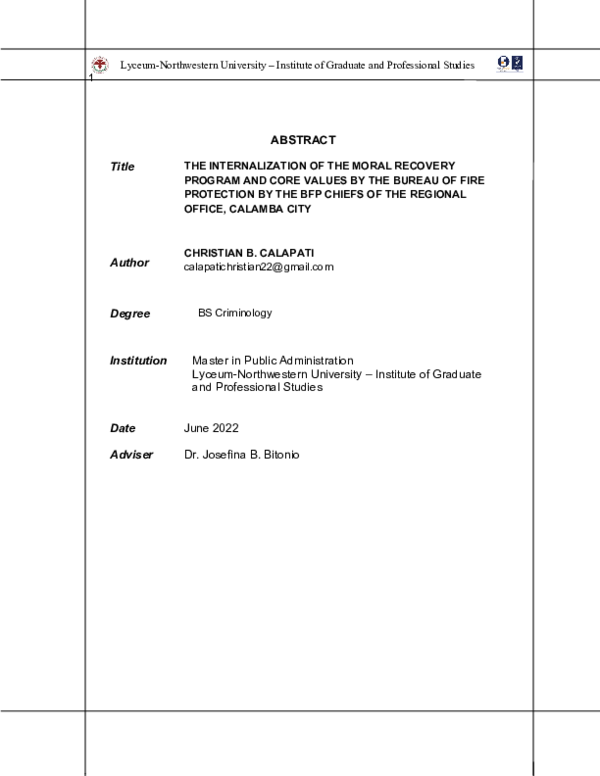 (DOC) THE INTERNALIZATION OF THE MORAL RECOVERY PROGRAM AND CORE VALUES ...