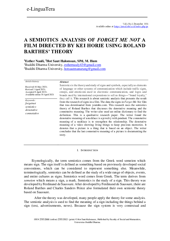(PDF) A Semiotics Analysis of Forget Me Not a Film Directed by Kei ...