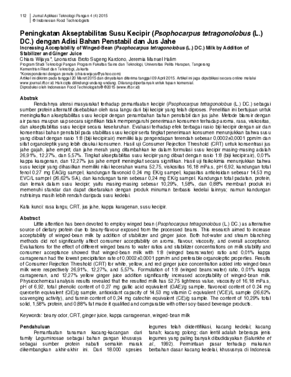 (PDF) Peningkatan Akseptabilitas Susu Kecipir (Psophocarpus ...