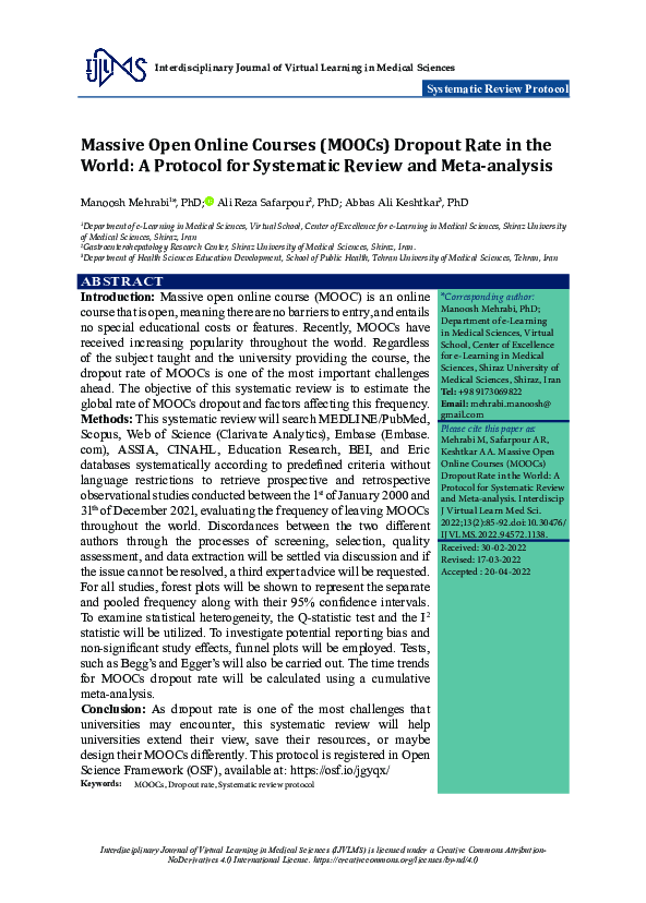 (PDF) Massive Open Online Courses (MOOCs) Dropout Rate in the World: A Protocol for Systematic ...
