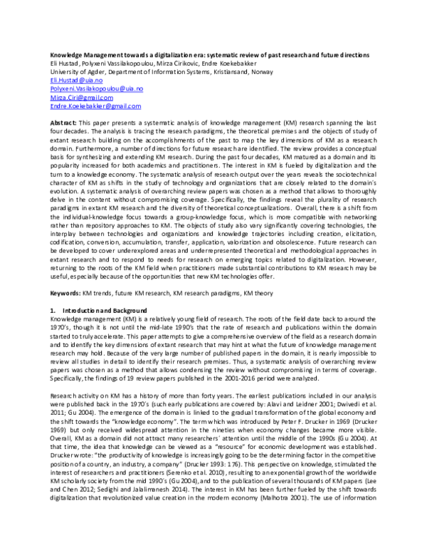 (PDF) Knowledge Management towards a digitalization era: systematic ...