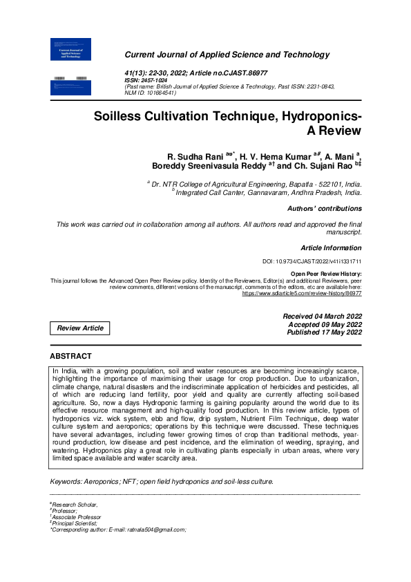 (PDF) Soilless Cultivation Technique, Hydroponics- A Review