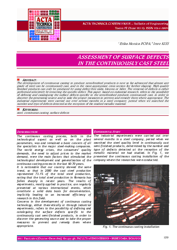Pdf Assessment Of Surface Defects In The Continuously Cast Steel