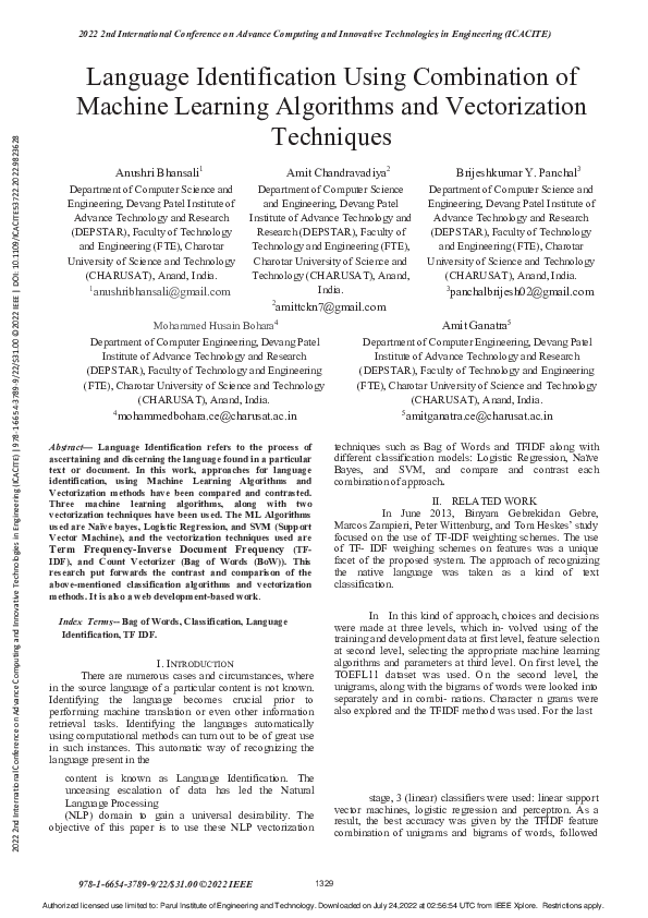 Pdf Language Identification Using Combination Of Machine Learning Algorithms And Vectorization