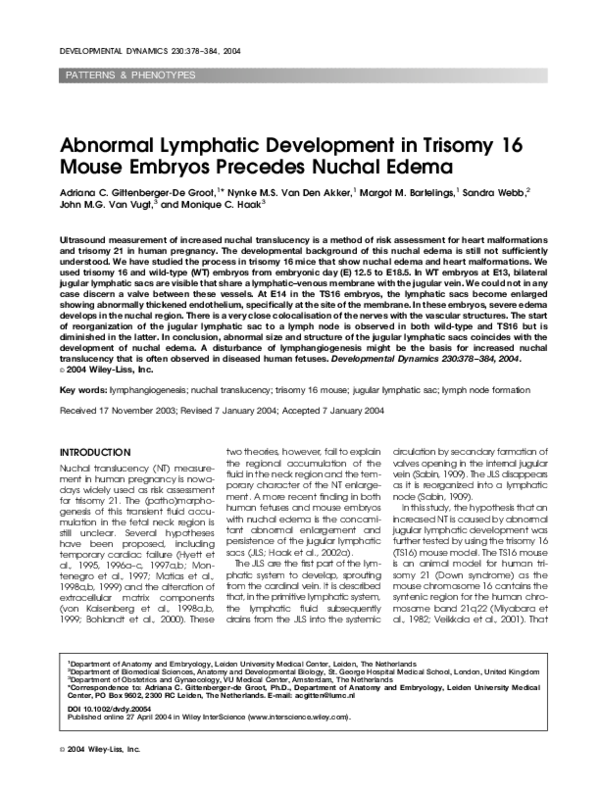 (PDF) Abnormal lymphatic development in trisomy 16 mouse embryos ...