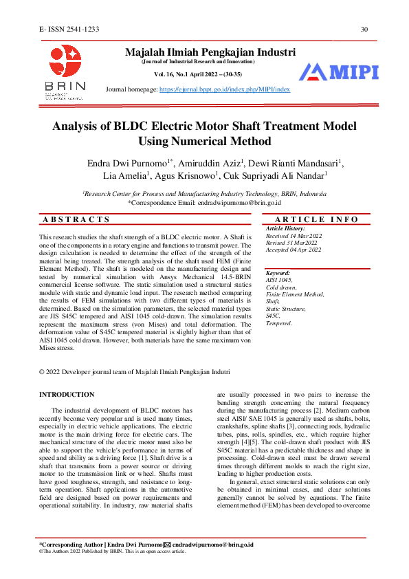 (PDF) Analysis of BLDC Electric Motor Shaft Treatment Model Using ...