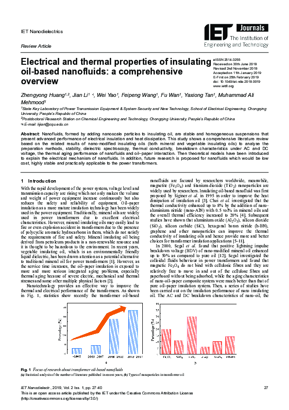 (PDF) Electrical and thermal properties of insulating oil‐based nanofluids: a comprehensive overview
