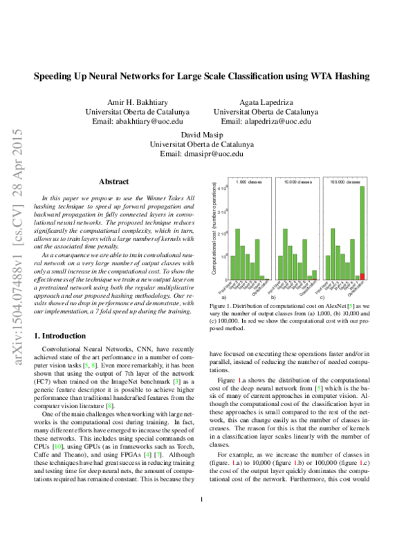 (PDF) Speeding Up Neural Networks for Large Scale Classification using WTA Hashing | David Masip ...