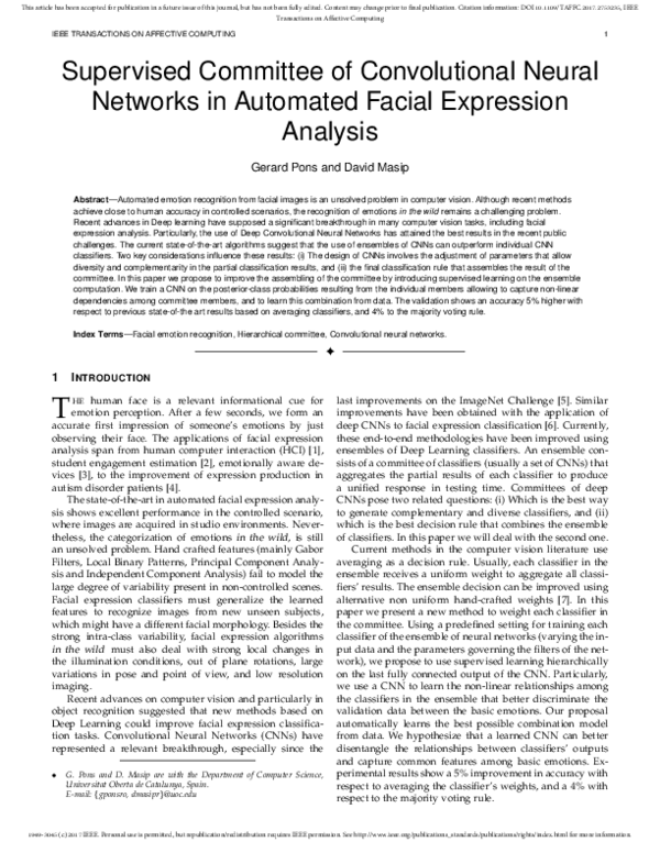 (PDF) Supervised Committee of Convolutional Neural Networks in Automated Facial Expression Analysis