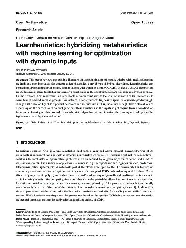 Pdf Learnheuristics Hybridizing Metaheuristics With Machine Learning For Optimization With