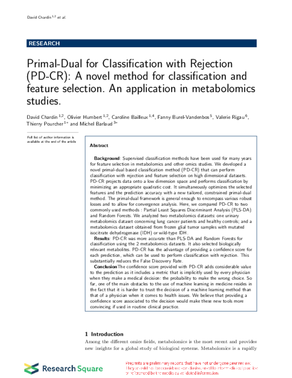 Pdf Primal Dual For Classification With Rejection Pd Cr A Novel Method For Classification