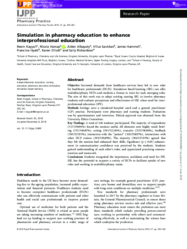 (PDF) Simulation in pharmacy education to enhance interprofessional ...