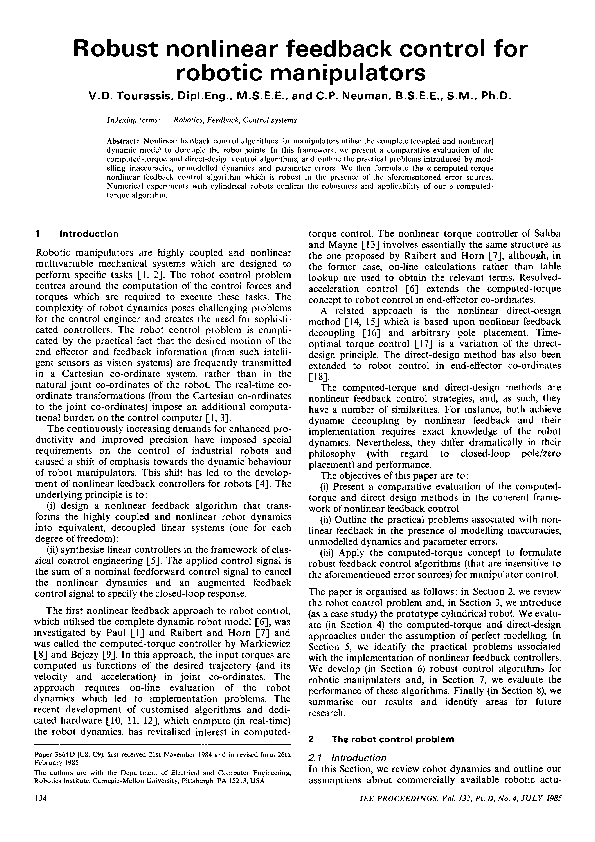 (PDF) Robust nonlinear feedback control for robotic manipulators