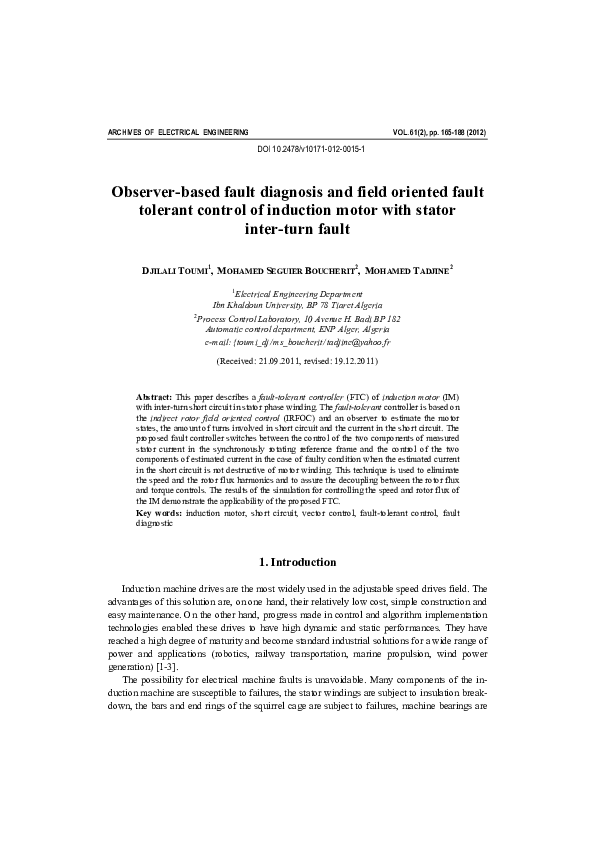 Pdf Observer Based Fault Diagnosis And Field Oriented Fault Tolerant Control Of Induction