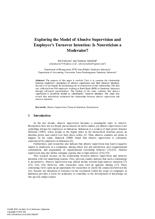 (PDF) Exploring the Model of Abusive Supervision and Employee’s ... (PDF) Exploring the Model of Abusive Supervision and Employee’s ...