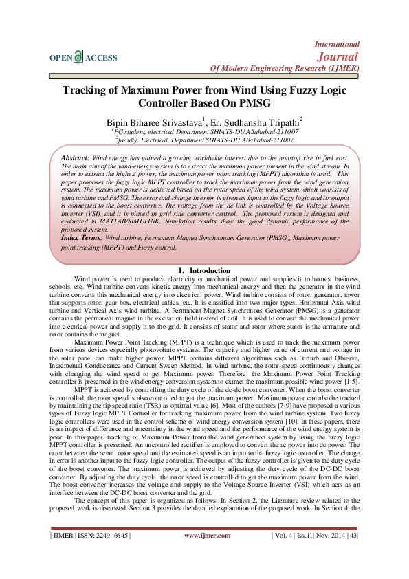 Pdf Tracking Of Maximum Power From Wind Using Fuzzy Logic Controller Based On Pmsg