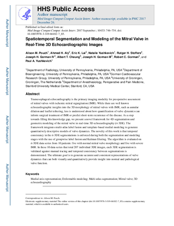 Pdf Spatiotemporal Segmentation And Modeling Of The Mitral Valve In