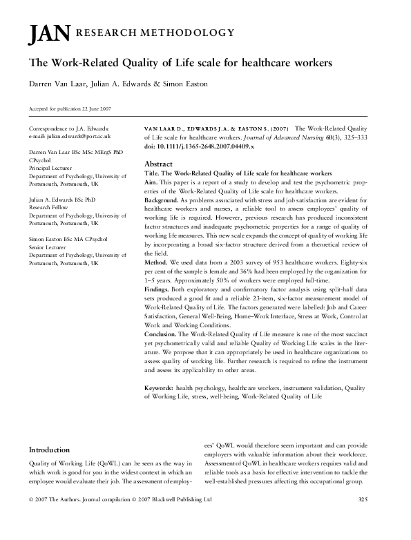(PDF) The Work-Related Quality of Life scale for healthcare workers