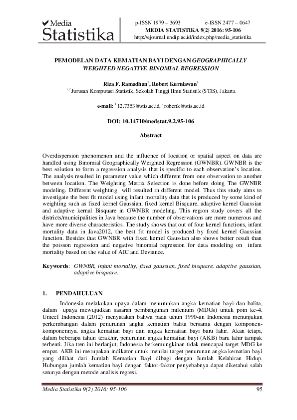 (PDF) Pemodelan Data Kematian Bayi Dengan Geographically Weighted Negative Binomial Regression