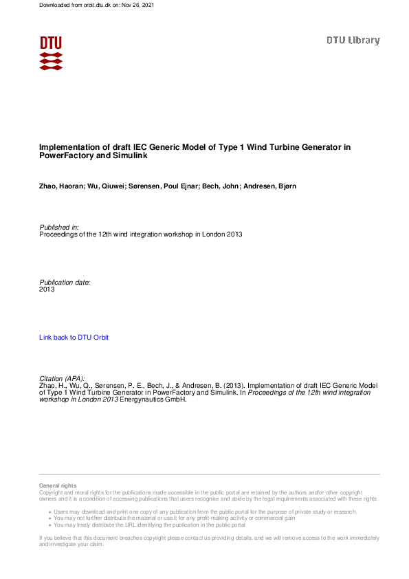 Pdf Implementation Of Draft Iec Generic Model Of Type 1 Wind Turbine Generator In Powerfactory