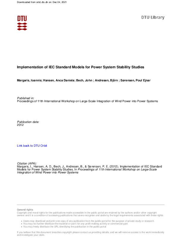 (PDF) Implementation of IEC Standard Models for Power System Stability Studies