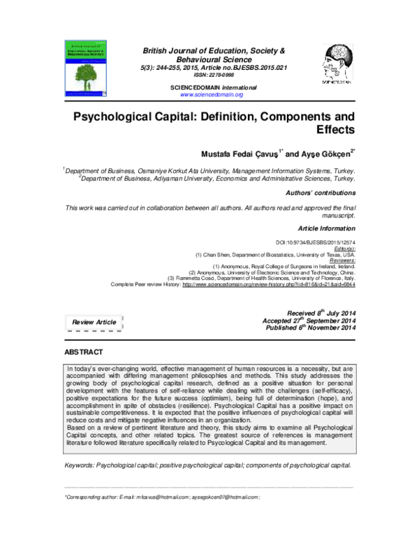 (PDF) Psychological Capital: Definition, Components and Effects